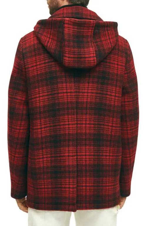 Brooks Brothers Out Buffalo Check Hooded Wool Peacoat - Red Plaid